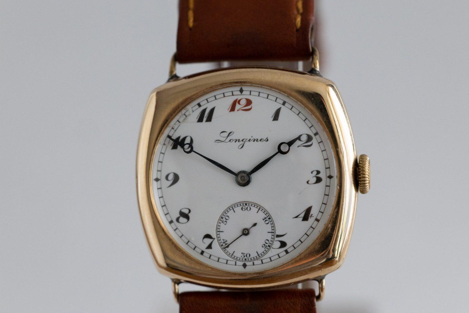 1925 Art Deco Longines Solid Gold Large “Cushion Case” Wristwatch with Longines Archive Papers ...